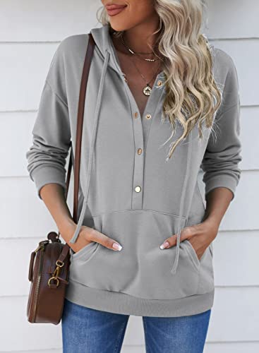 Shaeueak Women Hoodies Lightweight V Neck Sweatshirts Long Sleeve Shirts Loose Fit Sweaters Size Medium Grey