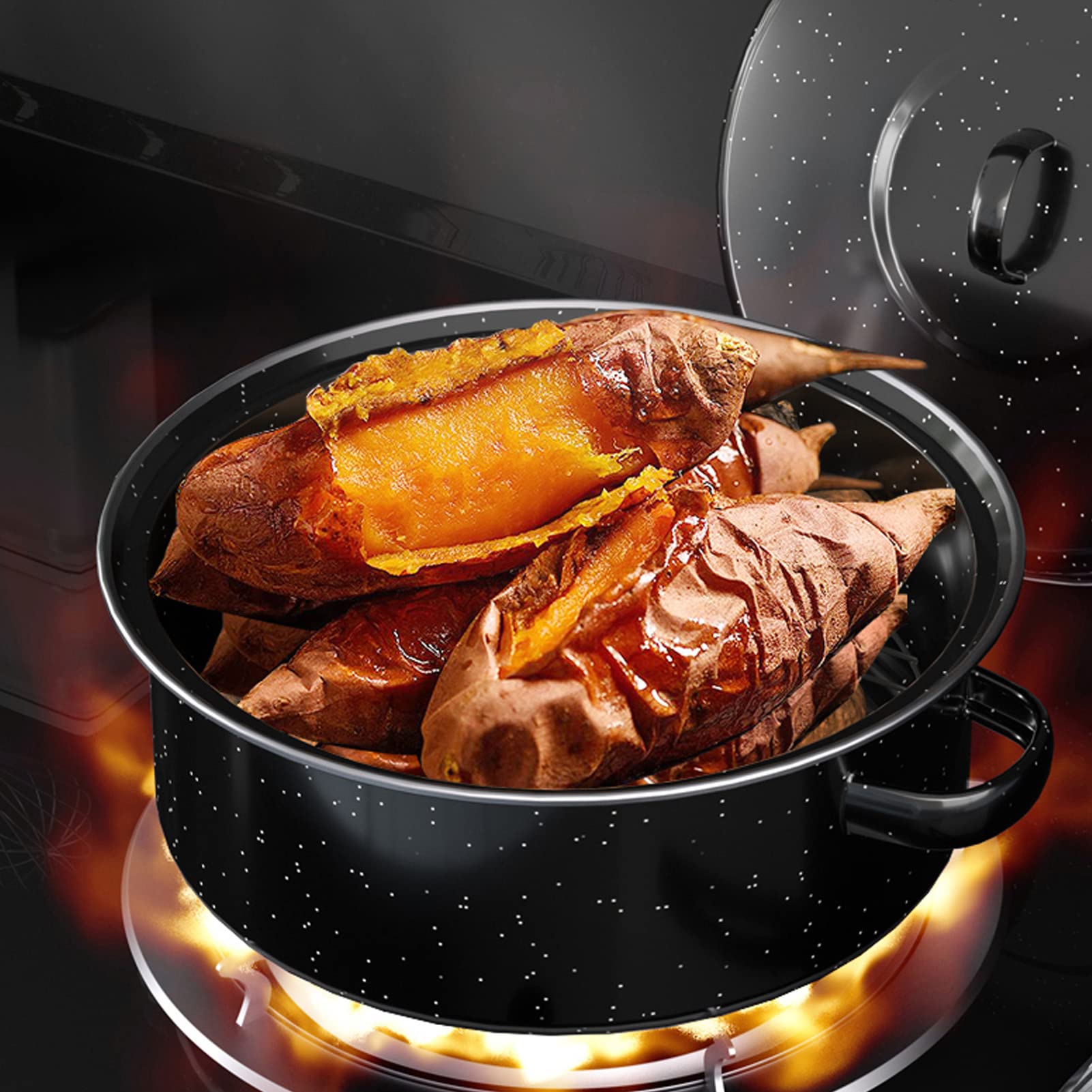 Roasting Pan with Lid, Household Non Stick BBQ Pot Roast Pan With Lid, Covered Round Roaster, Black Speckled Finish Enamel Roaster Pot for Turkey Chicken Meat & Vegetables(26cm/10.2in-Iron Cover)