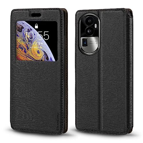Shantime for Oppo Reno 10 Pro Plus 5G Case, Wood Grain Leather Case with Card Holder and Window, Magnetic Flip Cover for Oppo Reno 10 Pro+ (6.74”) Black