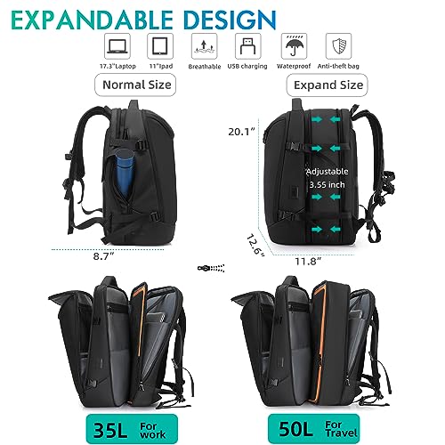 TANGCORLE 50L Carry on Travel Backpack, Expandable Airline Approved Backpacks with 3 Packing Cubes fit 17 inch Laptop, Water ResistantĀ Convertible Suitcase backpack for Men Women