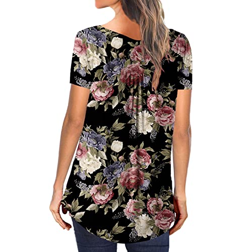 Womens Fall Tunic Tops 2022 Fashion Short Sleeve T Shirts Plain Cute Tees Casual Dressy Blouses Trendy Henley Solid Pullover, Black-06, 3X-Large