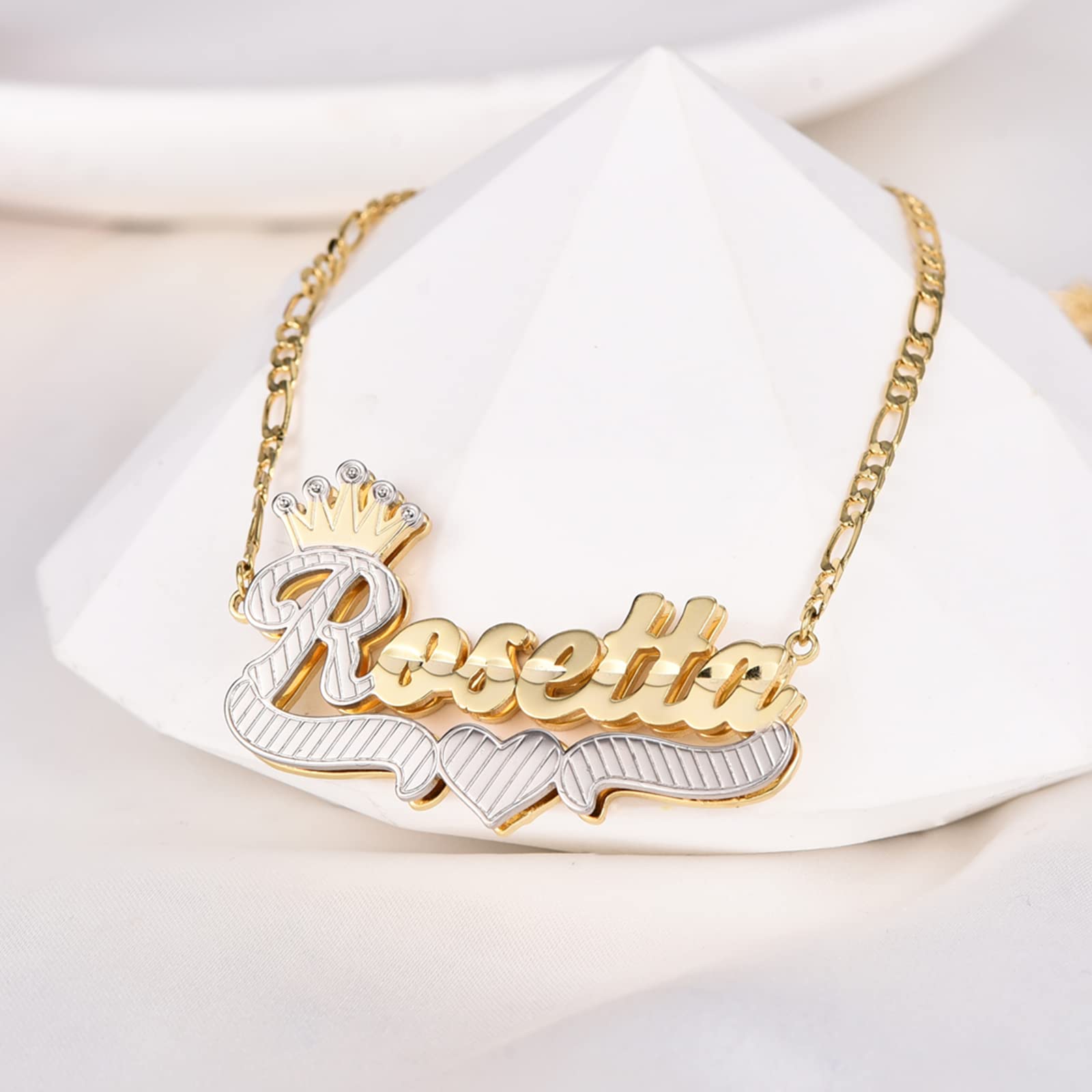 Gemiac Name Necklace Personalized 18k Gold Plated Crown Custom Nameplate Necklace for Women as a Gift (Gold and Silver 11)