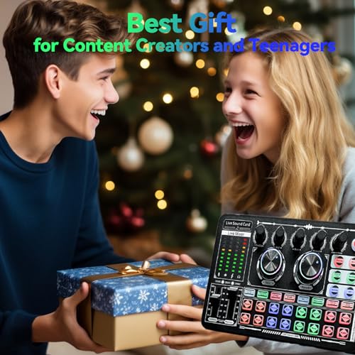 KILOGOGRAPH F999 Podcast Sound Board - Audio Mixer with Effects, Audio Interface for PC Mac iOS Android, Sound Card, Live Streaming Podcasting Recording, LED Light, DJ Mixer, Soundboard, Voice Changer