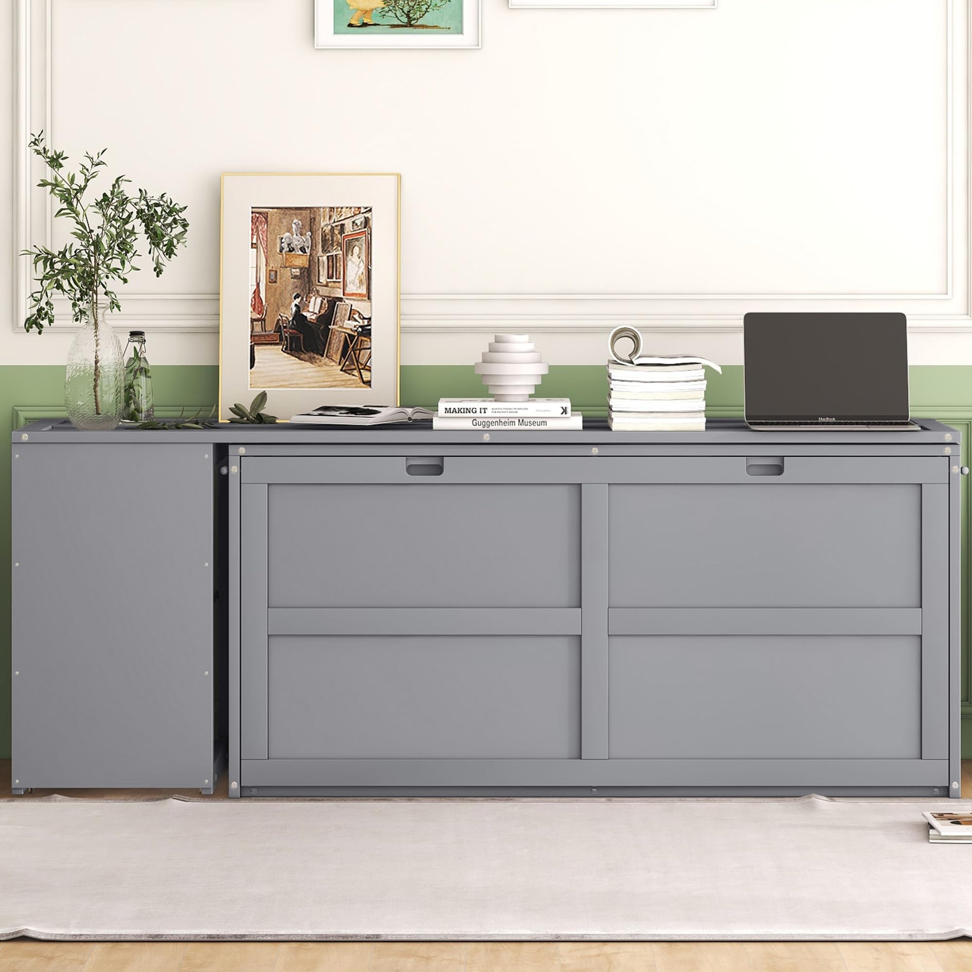 FurniFusion Queen Size Murphy Bed with Rotable Desk and Shelves, Space-Saving Foldable Chest Platform Bedframe, Hiddenbed Cabinet for Multipurpose Guest Room Home Office Bedroom, Gray