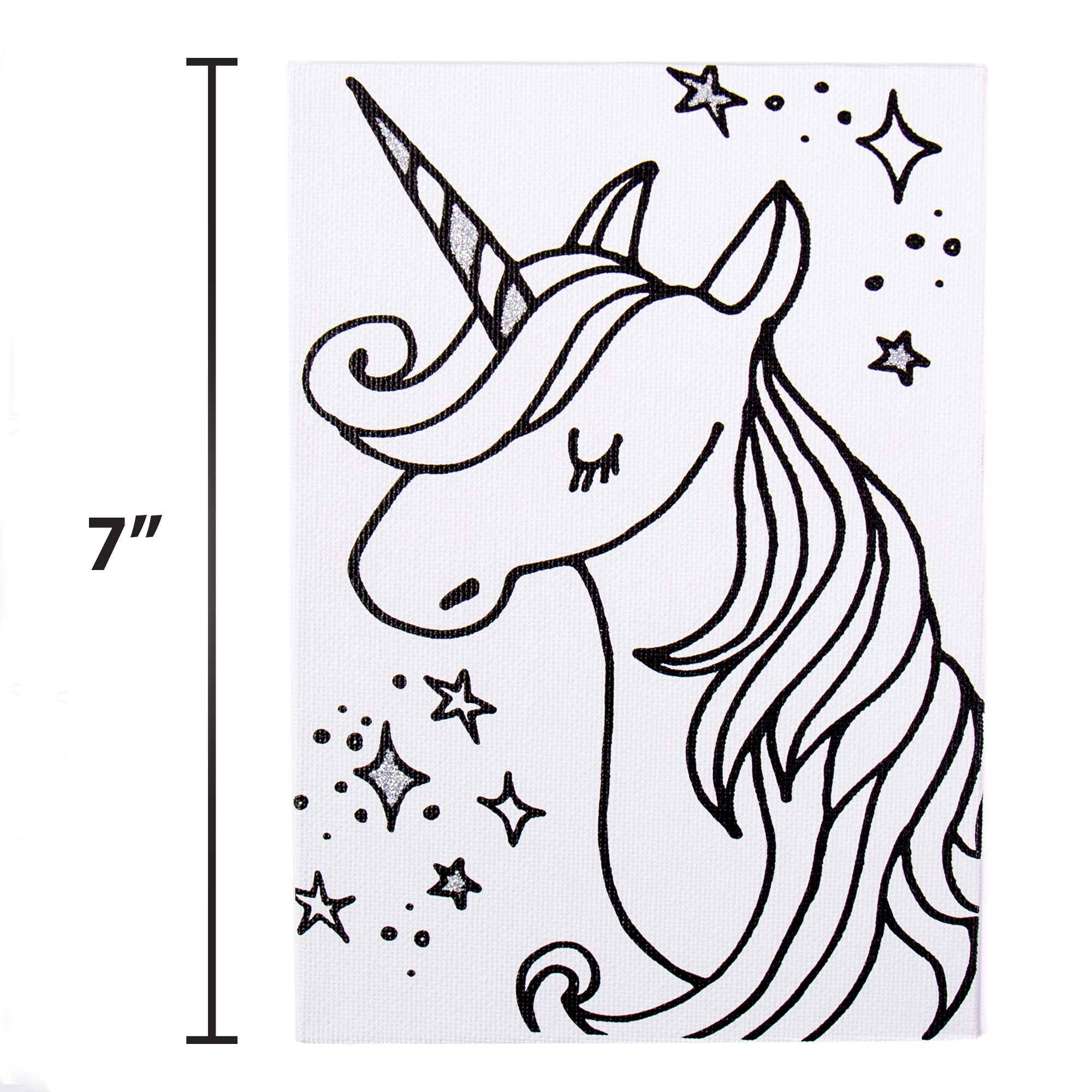 Horizon Group USA Pre-Printed Canvas & Paint Art Set, 3-Pack, 5x7 Canvas Panels, 12 Tempera Paints, 6 Easy-Grip Assorted Paintbrushes for Paint Projects, Panda, Fox & Glitter Unicorn.