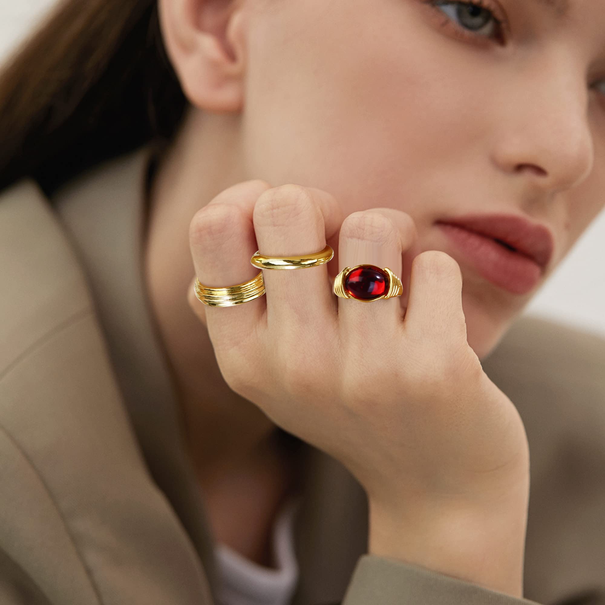 HAIAISO 20Pcs Gold Dome Chunky Rings Set for Women 18K Gold Plated Crystal Snake Heart Signet Ring Adjustable Open Band Rings Size 4-9