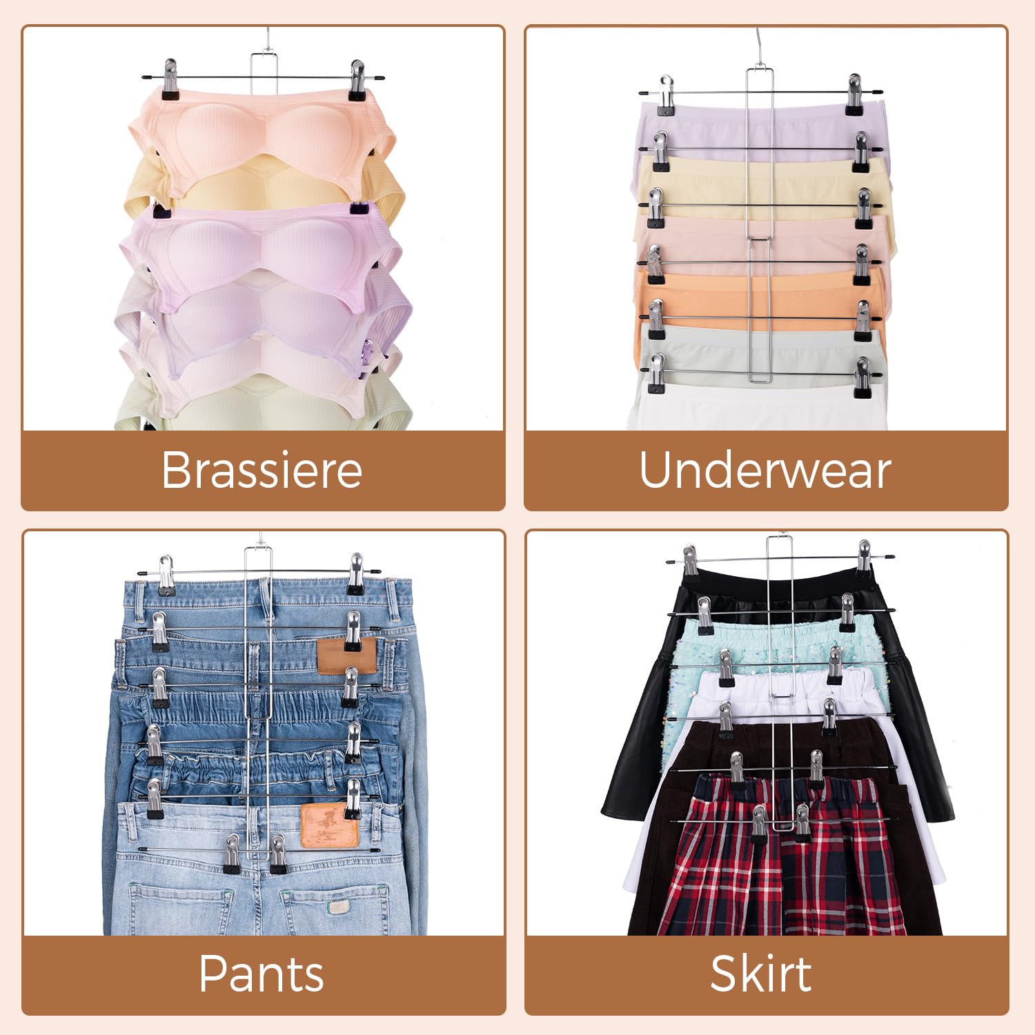 Tonswachic Pants Hangers with Clips - 6 Tiers Skirt Hangers - 3 Pack Pants Hangers Space Saving - Closet Organizer and Storage for Jeans Leggings Shorts (3 Pack with Extra One Purse Hanger Organizer)