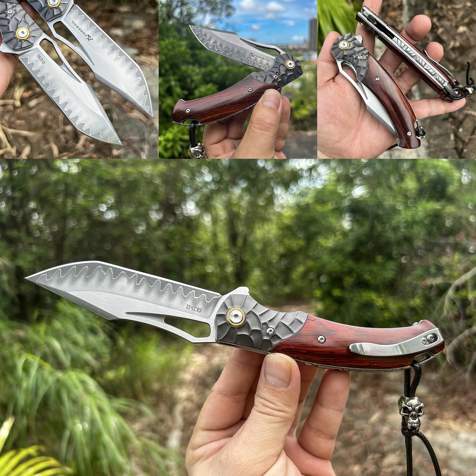 FORESAIL Flipper Folding Pocket Knife,SKD11 Steel Blade and Wood Handle. With leather case,men's Tactical pocket knife hiking trip EDC tool Knife. (Rosewood Handle)
