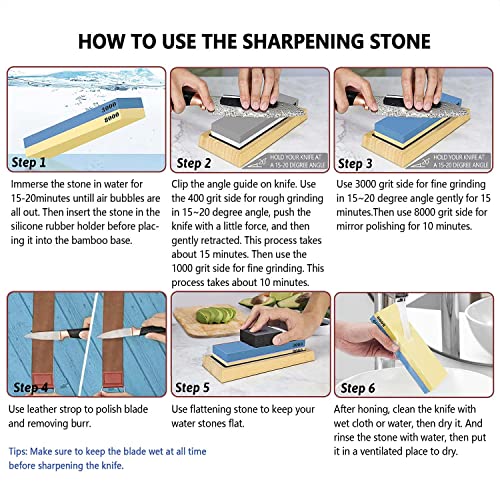 Sharpening Stone Set for Knife Wet Stone Sharpening Kit, Water Stone for Sharpening Knives 4 Side Grit Whetstone 400/1000 3000/8000 Kitchen Knives Sharpeners-Non-Slip Bamboo Base,Gloves,Honing Guide