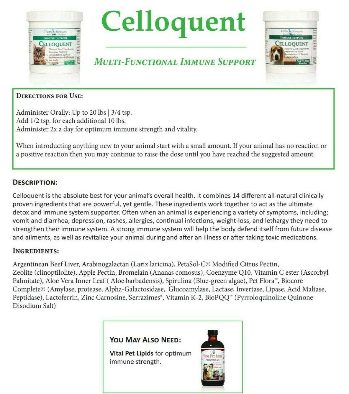 Vitality Science Celloquent for Dogs | Enhanced Immune Support | Maintains Proper Gut pH | Boosts Organ Function | Aids Detoxification & Healthy Inflammatory Response | 100% Safe and Natural (120g)