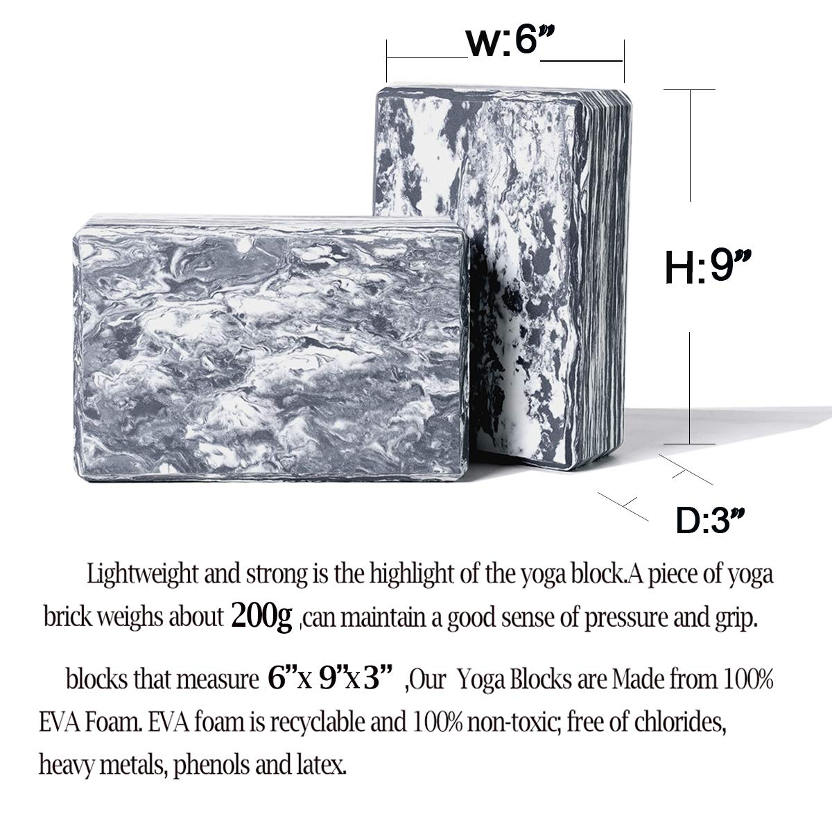 Genric Yoga Block (Set of 2) – Supportive, Soft Non-Slip Foam Surface for Yoga, Pilates, Meditation(Black/Gray/White Marble)