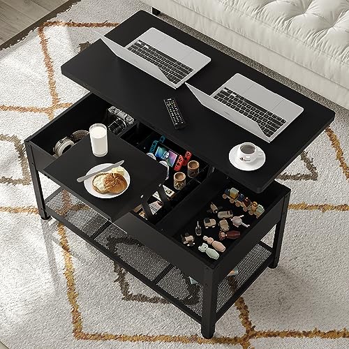 Furniouse Coffee Table Lift Top, 3 in 1 Multi-Function Coffee Table with Hidden Compartment, Coffee Table Converts to Dining Table for Living Room, Home Office, Black