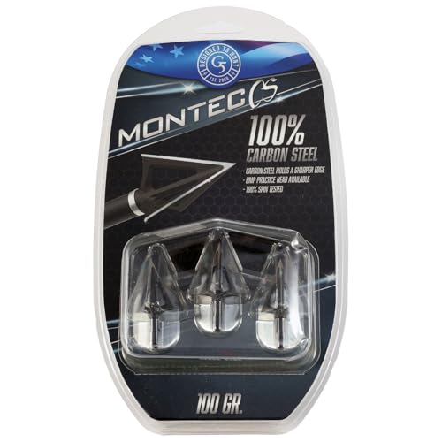 G5 Montec CS Archery Hunting Durable Sharp Fixed Blades Carbon Steel 100 Grain 1 1/16" Cutting Diameter Screw-In Broadheads for Bow Arrows - Pack of 3