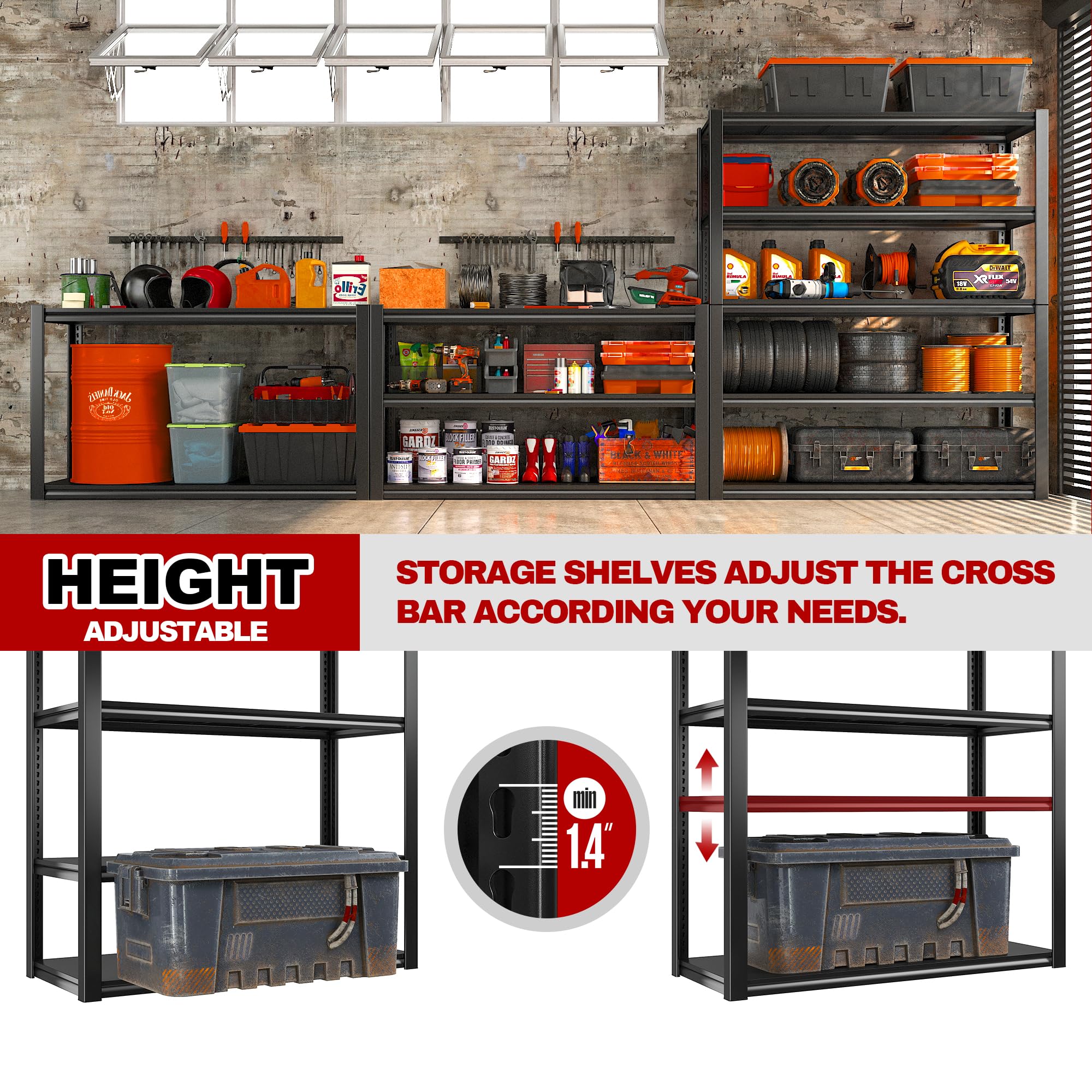REIBII 48''W Garage Shelving 2500LBS Storage Shelves Heavy Duty Garage Shelves 5 Tier Adjustable Metal Shelves for Garage Storage Rack Heavy Duty Shelving Industrial Utility Shelf,48''W X 72''H X18''D