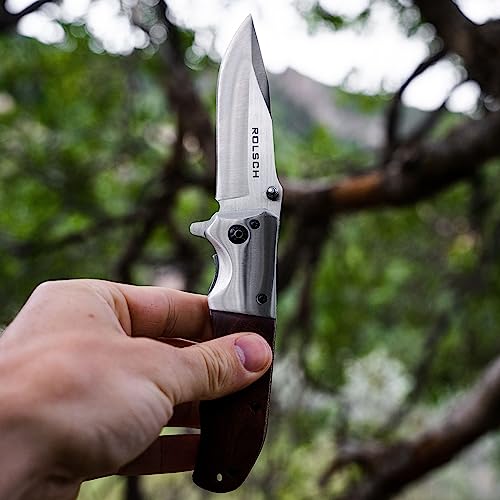 Rolsch - Wood handled Pocket Knife - Spring Assisted Folding Knife β Stainless Steel Blade and Rosewood Handle with Pocket Clip - Great Folding Knife for Hunting, Camping, Survival, Tactical, EDC