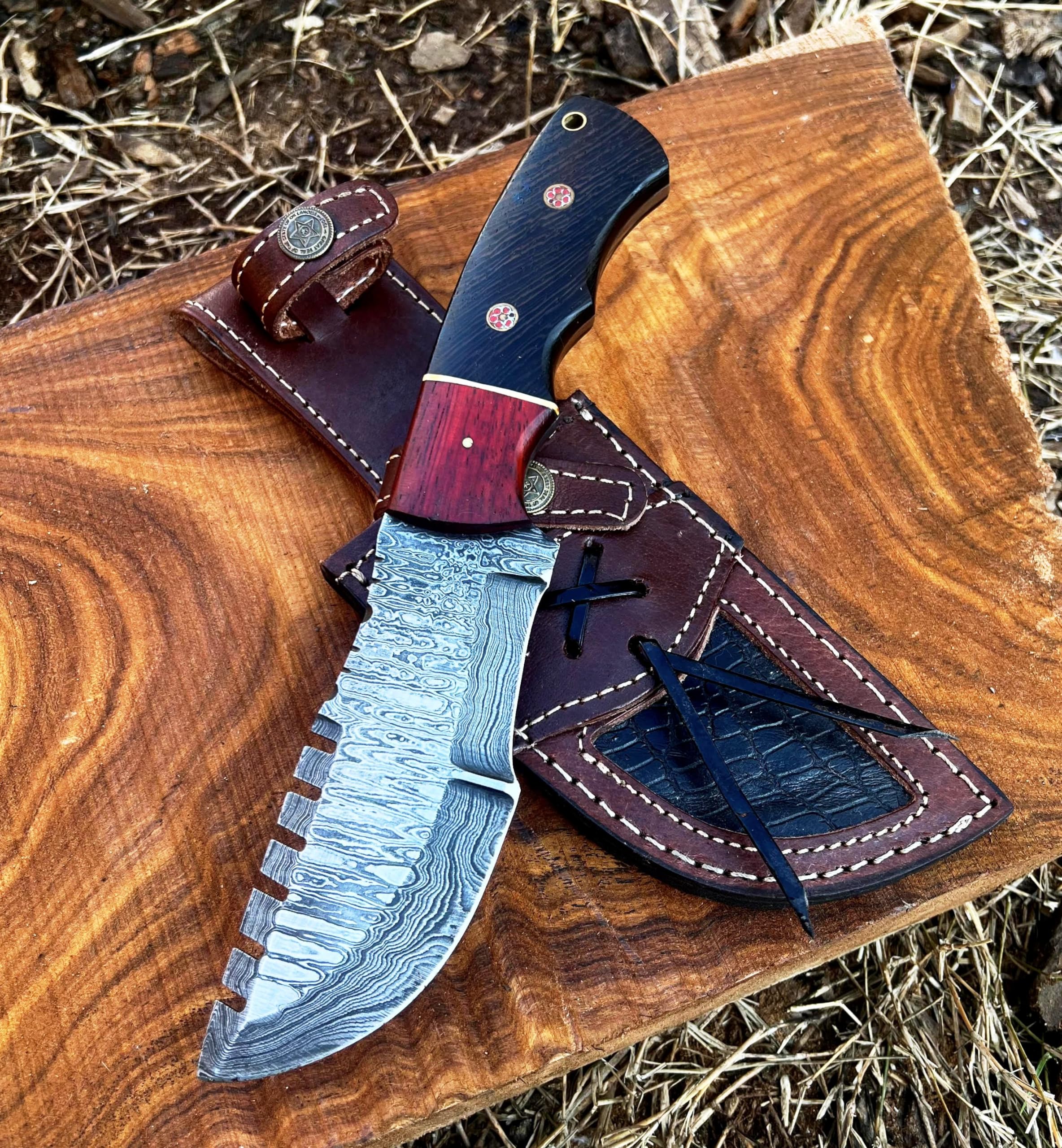 Handmade Tracker Knife Damascus Knife for Hunting Camping - 10 Inch Damascus Steel Hunting Tracker Knife with Horizontal Carry Sheath - Fixed Blade Survival tactical full tang Bushcraft Knife (Wenge & Padauk)