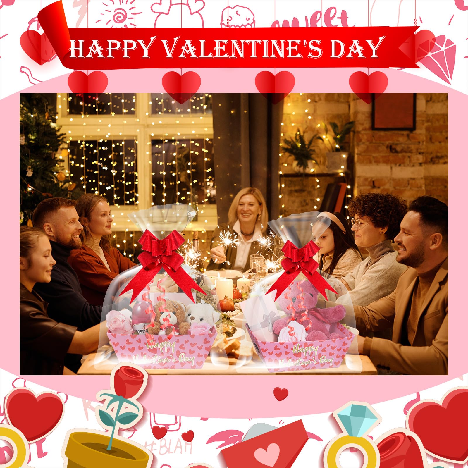 Zhanmai 12 Pcs Happy Valentine's Day Baskets for Gifts Empty with Handles Sturdy DIY Organizing Bulk Gift Medium Red Sturdy Gift Basket Kraft Market Tray Cardboard Basket for Valentine's Day Snacks