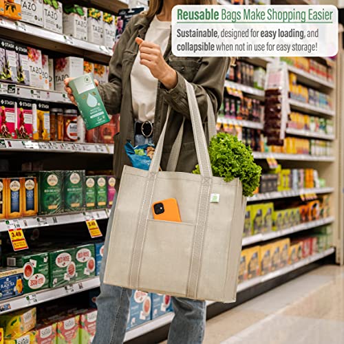 VENO 4 Pack Reusable Grocery Shopping Bag w/bottle holder, Hard bottom, Foldable, Multipurpose Heavy Duty Tote, Daily Utility bag, Stands Upright, Sustainable (Set of 4, Beige)