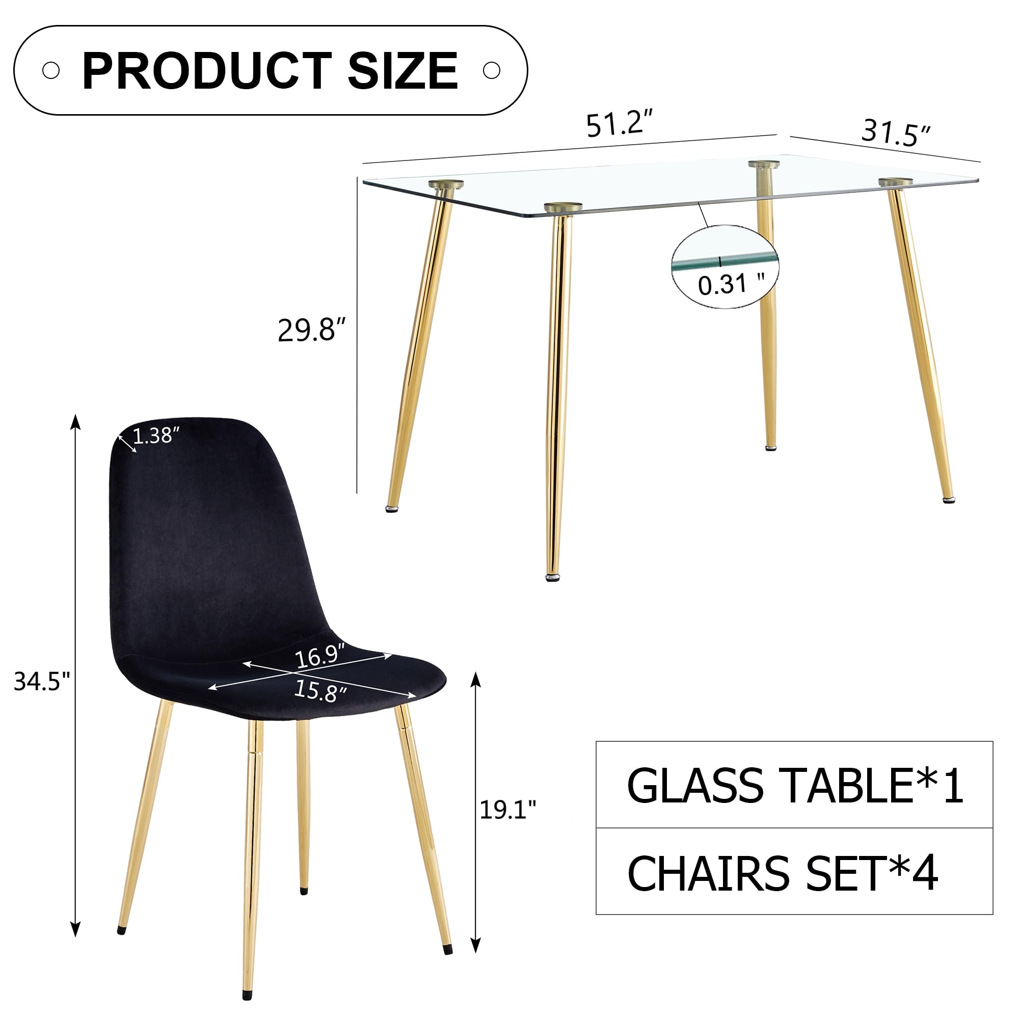 FURNITO Glass Dining Table Set for 4, 51 Inch Rectangular Dining Table with Tempered Glass Top, Black Linen Spoon Dining Chairs, Modern Gold Leg Dining Table and Chair Set
