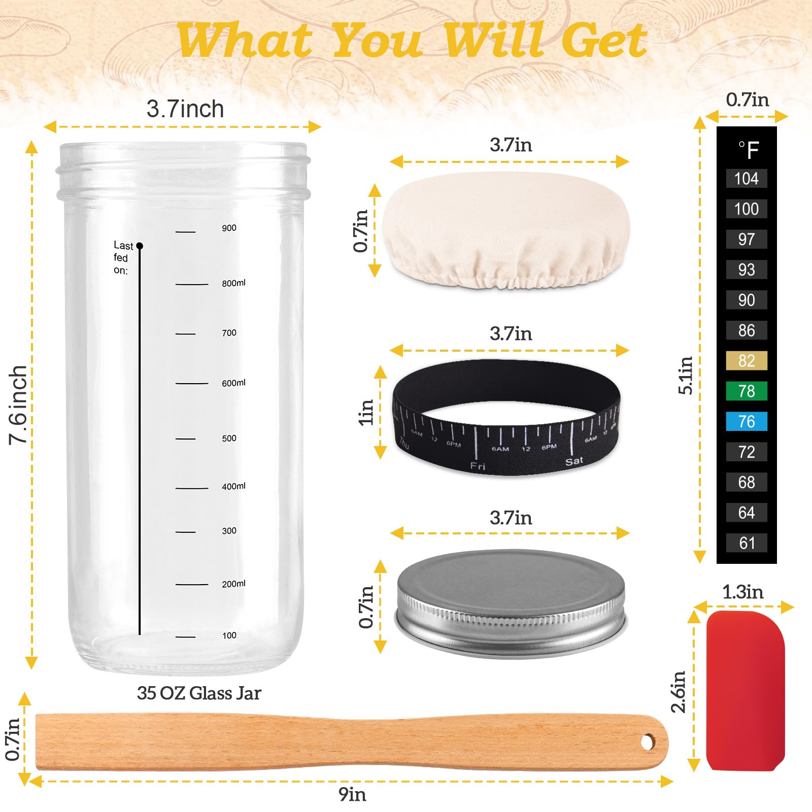 Tyniaide 35oz/1000ml Sourdough Starter Kit β Extra Thermometer Strips and Breathable Covers Included in Sourdough Starter Jar β A Perfect Sourdough Bread Starter Kit for Beginners to Expert