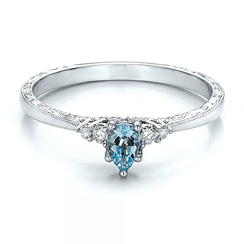 GOLD XIONG PADISHAH Women's Fashion 925 Sterling Silver 0.4CT Aquamarine 0.2CT White Topaz Wedding Ring (Silver,6)