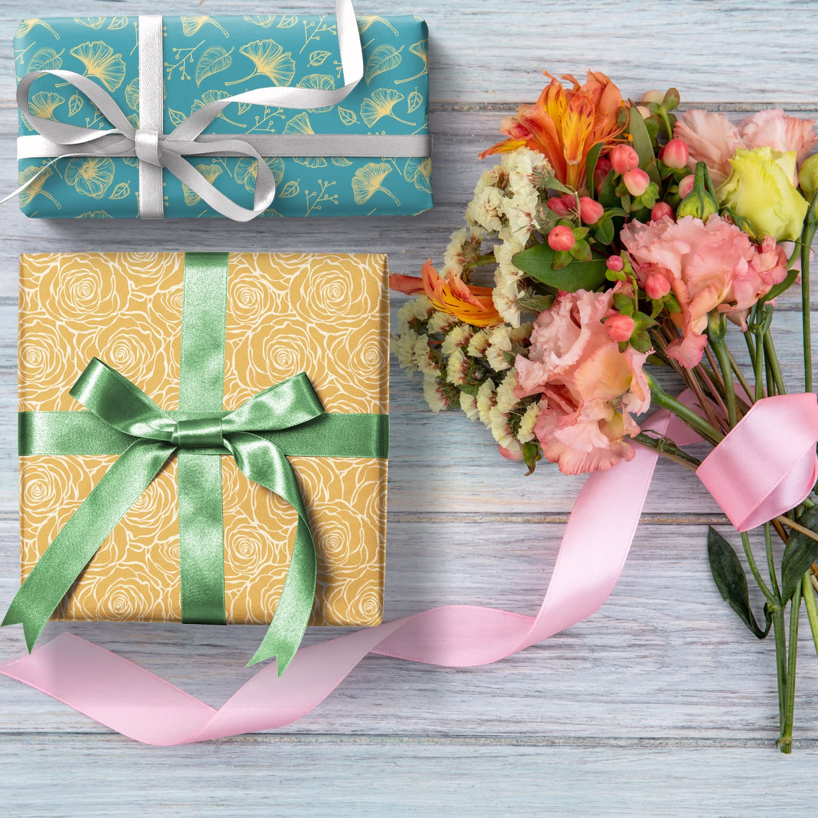 GIOLNIAY Floral Wrapping Paper for Wedding Bridal Shower Birthday - Gift Wrap with Rose, Ginkgo Leaf, Shells, Geometric Designs - 8 Folded Sheets (20 * 29 Inch), Recyclable, Easy to Store