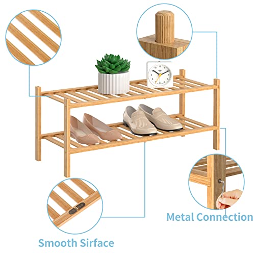 RONGJIA 2-Tier Natural Bamboo Shoe Rack - Stackable Storage Shelf with Multi-Function Combinations - Free Standing Shoe Racks for Convenient Shoe Organization(Natural) 11" D x 27" W x 13" H