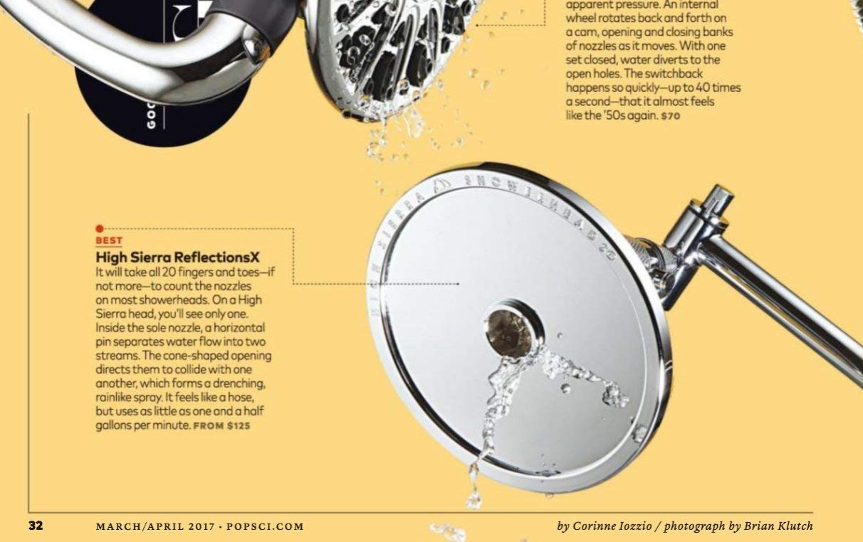 High Sierra's 2.0 GPM "Reflections X" Low Flow Shower Head and Fogless Shaving Mirror In One. Includes 11" Adjustable Extension Arm and Control Valve. Available in Chrome or BRUSHED NICKEL