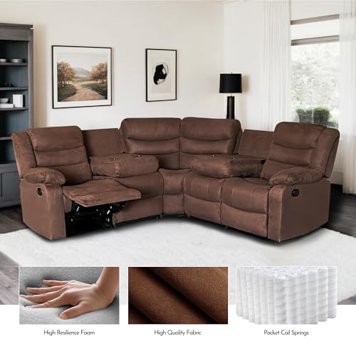 Recliner Sectional Sofa, Microfiber Manual Reclining Sectional Couch with Cup Holders, Living Room/Office (Brown)