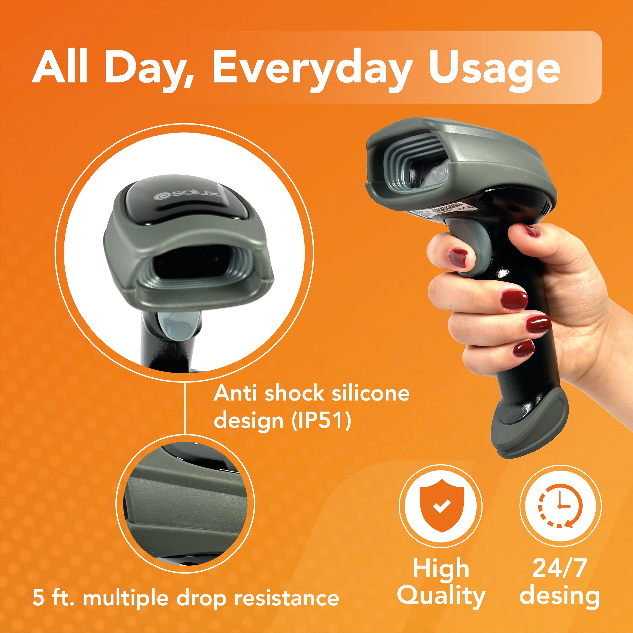SOLUX Barcode Scanner - QR Code Scanner - 2D Barcode Scanner - Master Efficiency with USB Barcode Scanner - Bar Code Scanner with Stand - The Ultimate Hand Scanner - Screen and Paper Scanning - Black