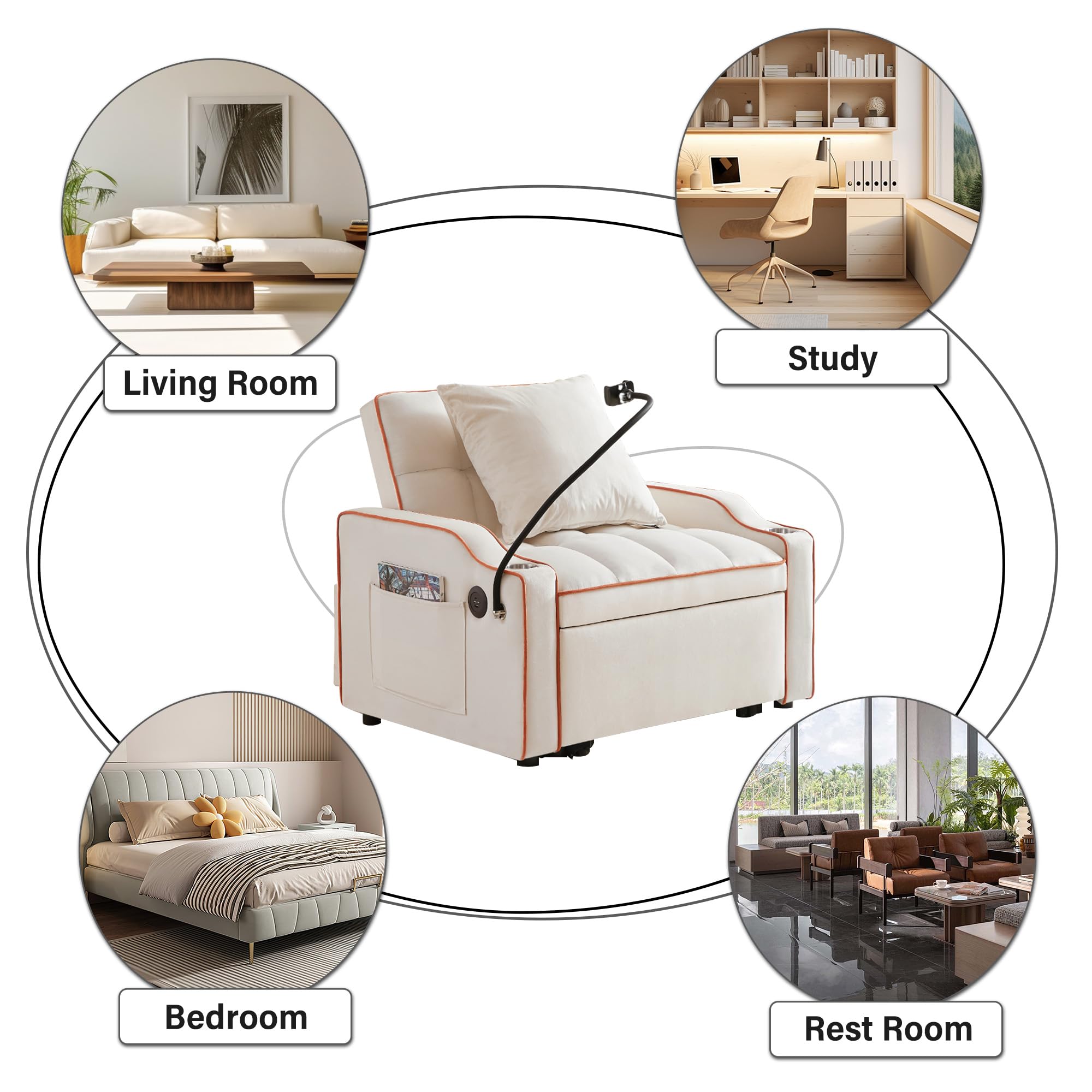SPOWAY 3 in 1 Sleeper Sofa Couch Bed, Velvet Convertible Single Sleeper Sofa with USB Port and Ashtray and Swivel Phone Stand, Storage Pockets, Pull Out Single Sleeper for Living Room, Beige