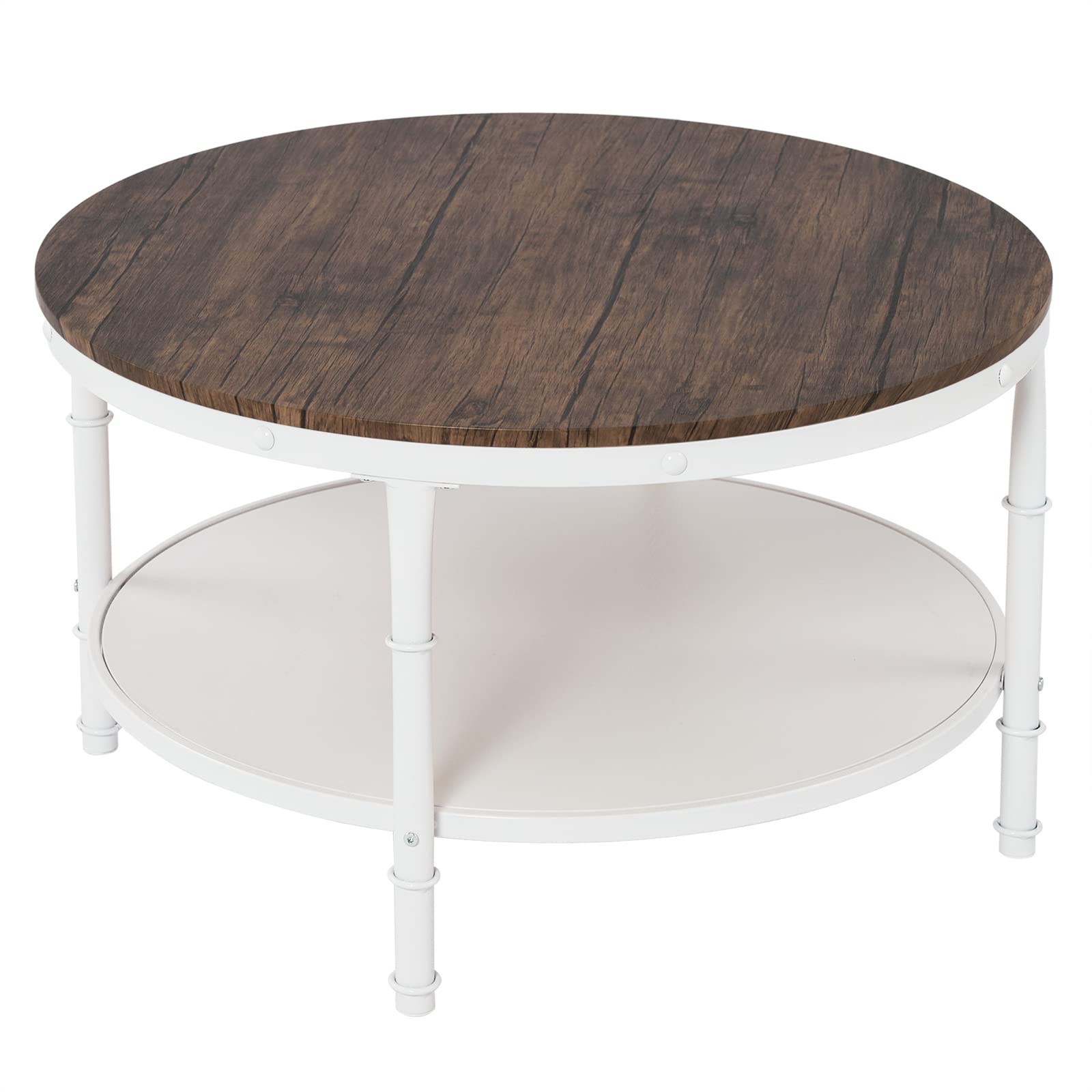 VINGLI 31.5" Dark Walnut White Round Farmhouse Coffee Table, 2-Tier Storage Wood Center Circle Accent Table for Living Room, Bedroom, Apartment, Studio and Small Spaces, Sturdy Metal Frame