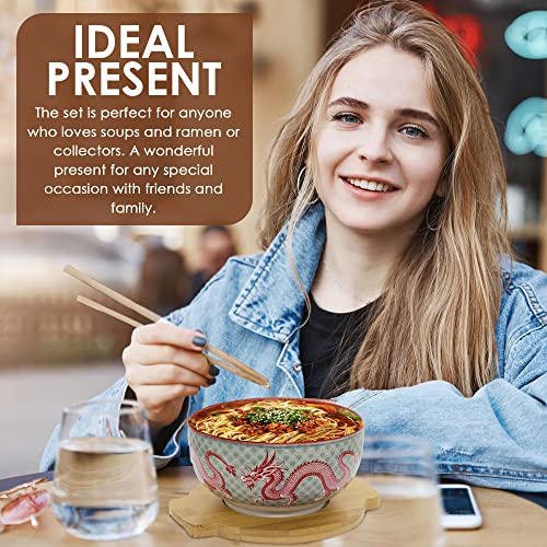 XWORLD Japanese Ceramic Ramen Noodle Bowls Set with Ceramic Spoon, Bamboo Chopsticks, Lid & Trivet, Serving Capacity of 33.8 OZ, Microwavable Oven Safety (3.3β x 6.6β D) (Red Dragon)