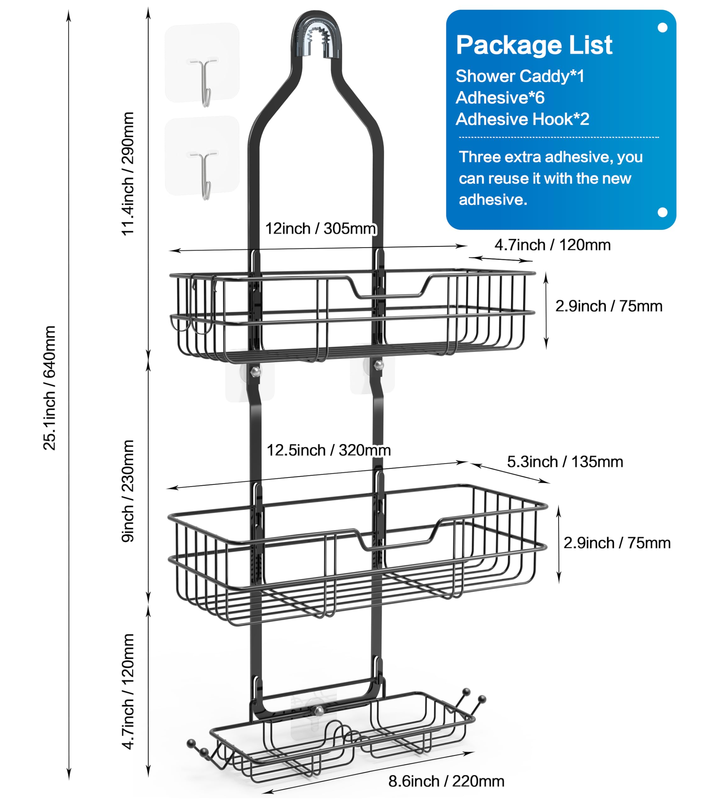 Turfson Hanging Shower Caddy Over Shower Head,Height Adjustable Shower Organizer Hanger Storage Rack Shelf For Inside Rustproof Bathroom Wall Basket With Soap Shampoo Holder Organization Black