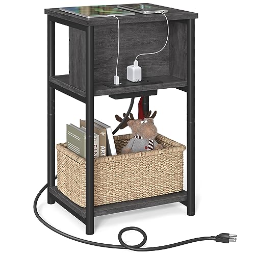 VASAGLE Side Table with Charging Station, 3-Tier End Table with USB Ports and Outlets, Nightstand for Living Room, Bedroom, 11.8 x 13.4 x 22.8 Inches, Plug-in Series, Misty Gray and Black ULET373B68