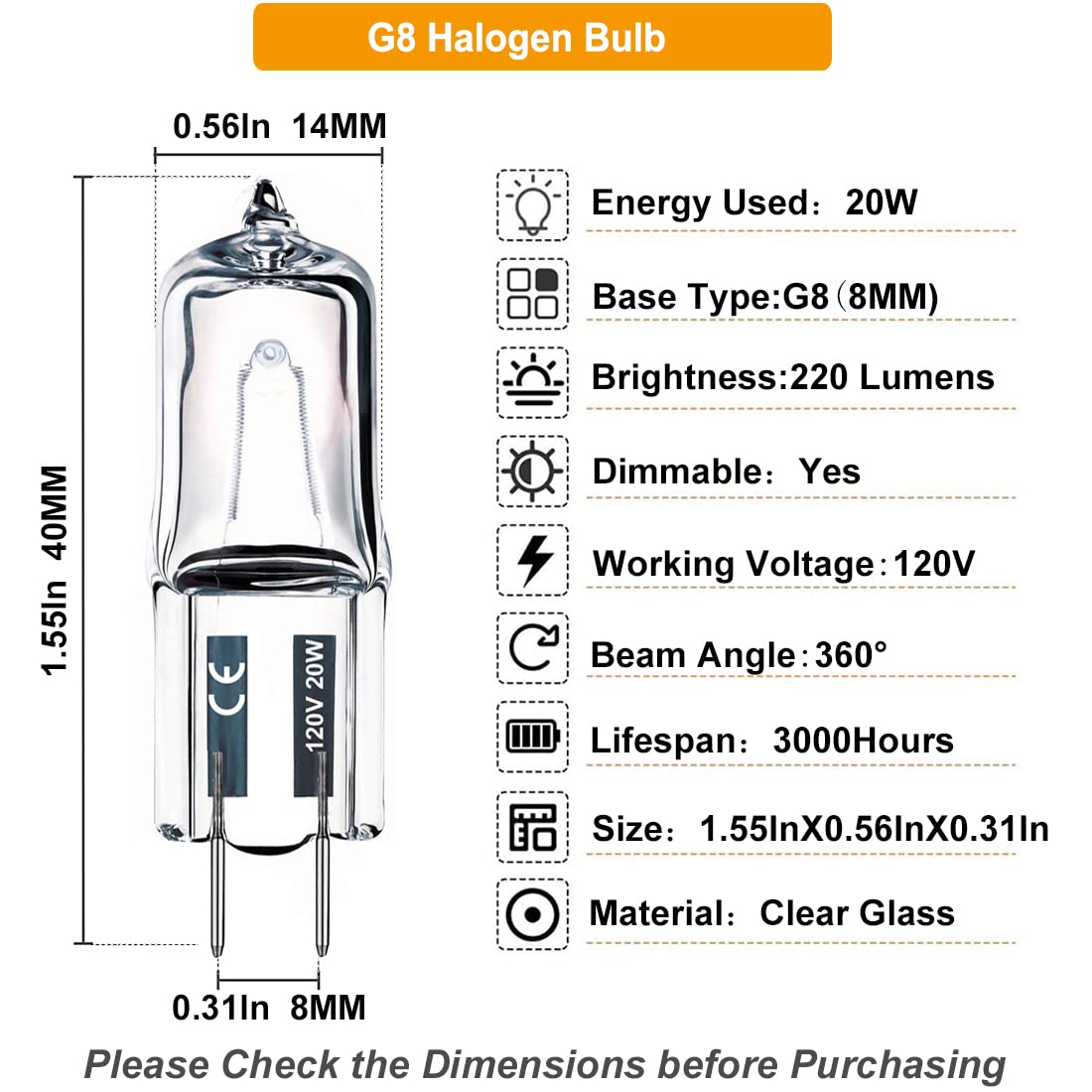 G8 Bulb, 10PCS G8 Halogen Bulb 20W 120V, G8 Base Bi-Pin Xenon Light Bulbs JCD Type, Warm White with Long Lasting Lifetime,G8 Halogen Light Bulbs Dimmable, G8 120V 20W for Under Cabinet Puck Lights