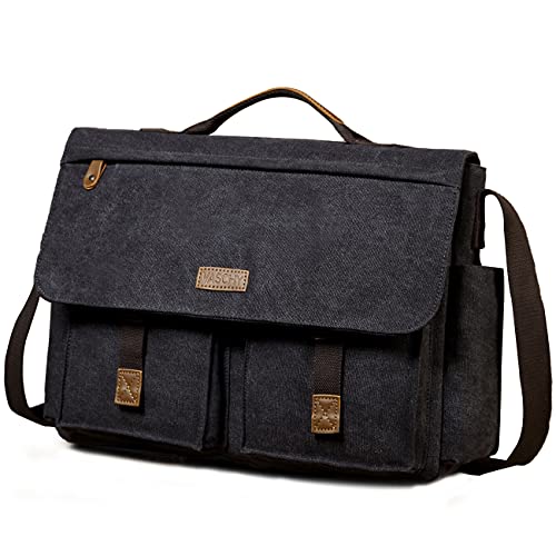 VASCHY Messenger Bag for Men, Vintage Water Resistant Waxed Canvas Satchel 15.6 inch Laptop Briefcase Shoulder Bag with Padded Shoulder Strap Gray