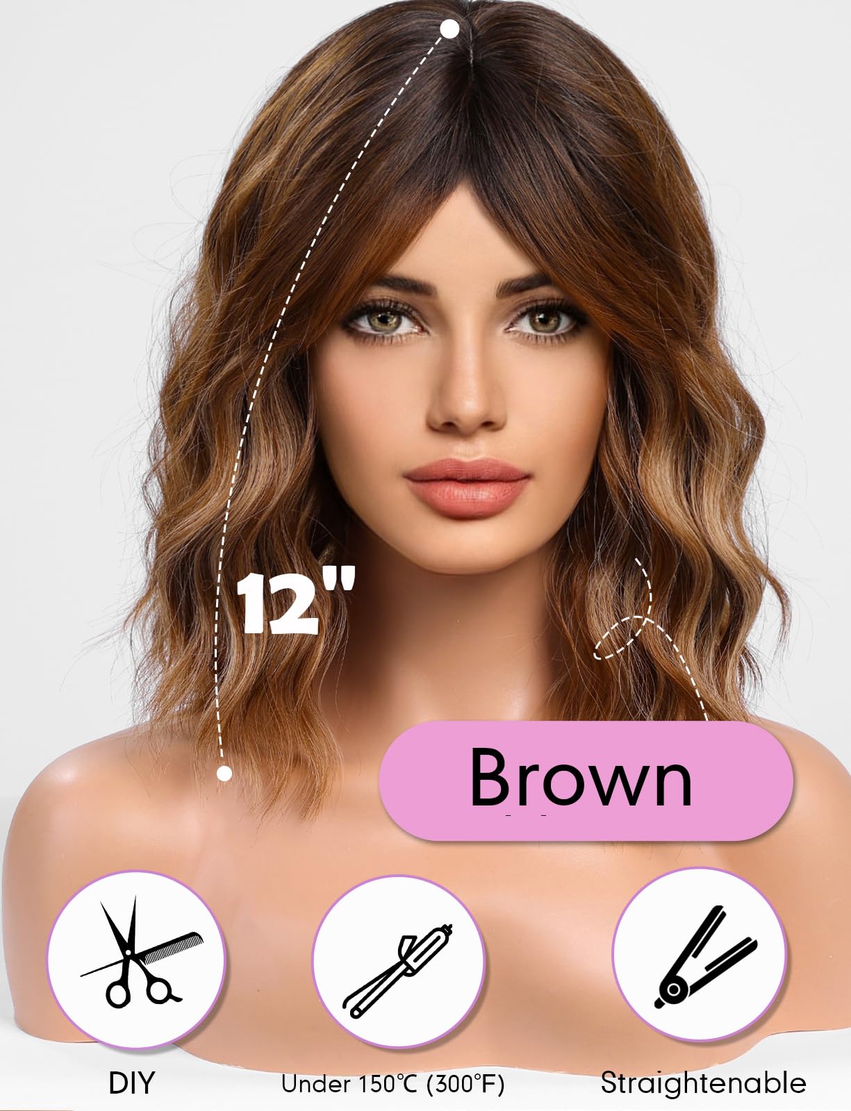Getshow Brown Bob Wigs for Women,Synthetic Wavy Curly Hair Wig with Bangs for Daily Use
