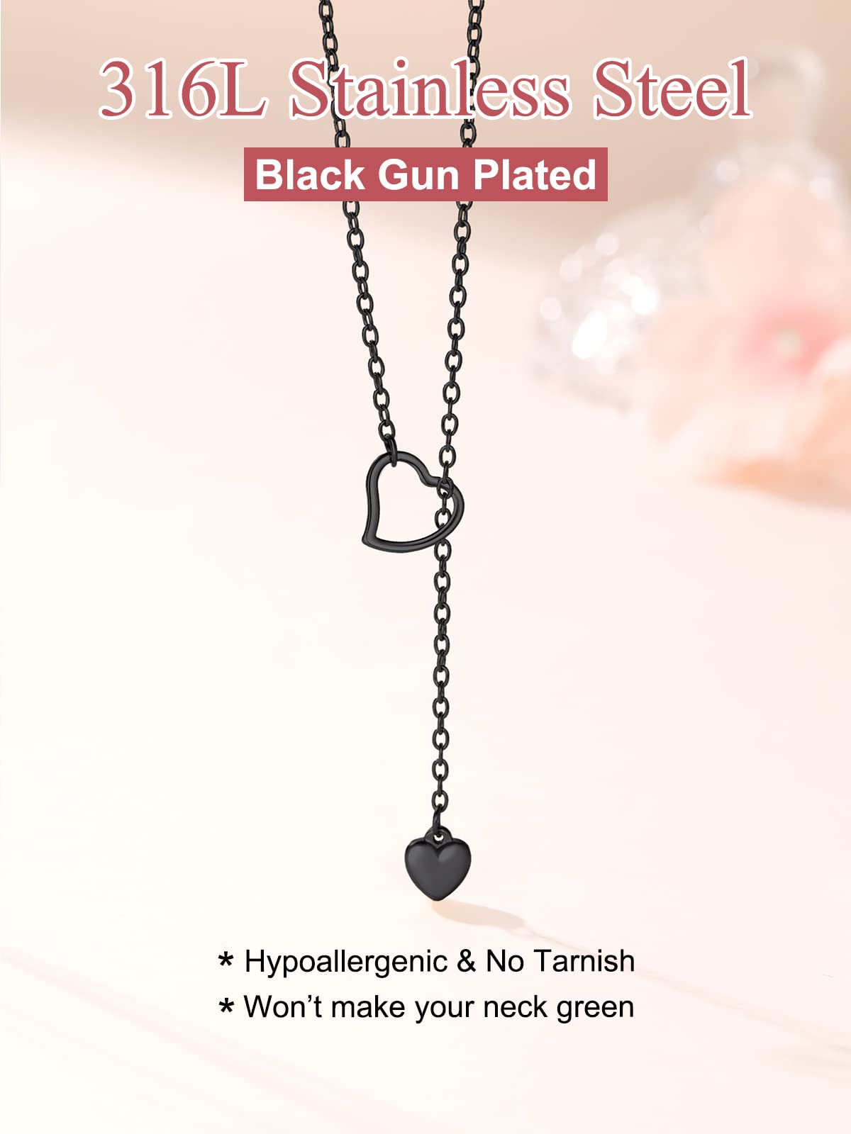 FOCALOOK Black Long Necklaces for Women Trendy Drop Heart Pendant Lariat Long Chain Elegant Y-Necklaces