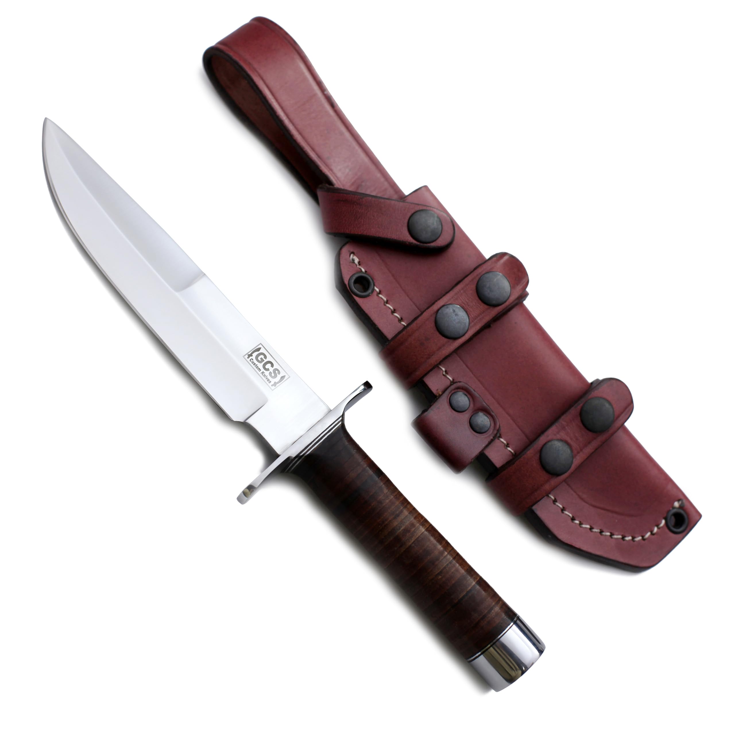 GCS Handmade Stacked Leather Handle D2 Tool Steel Tactical knife Hunting Knife Camp Knife with leather sheath Full tang blade designed for Hunting & EDC GCS 147