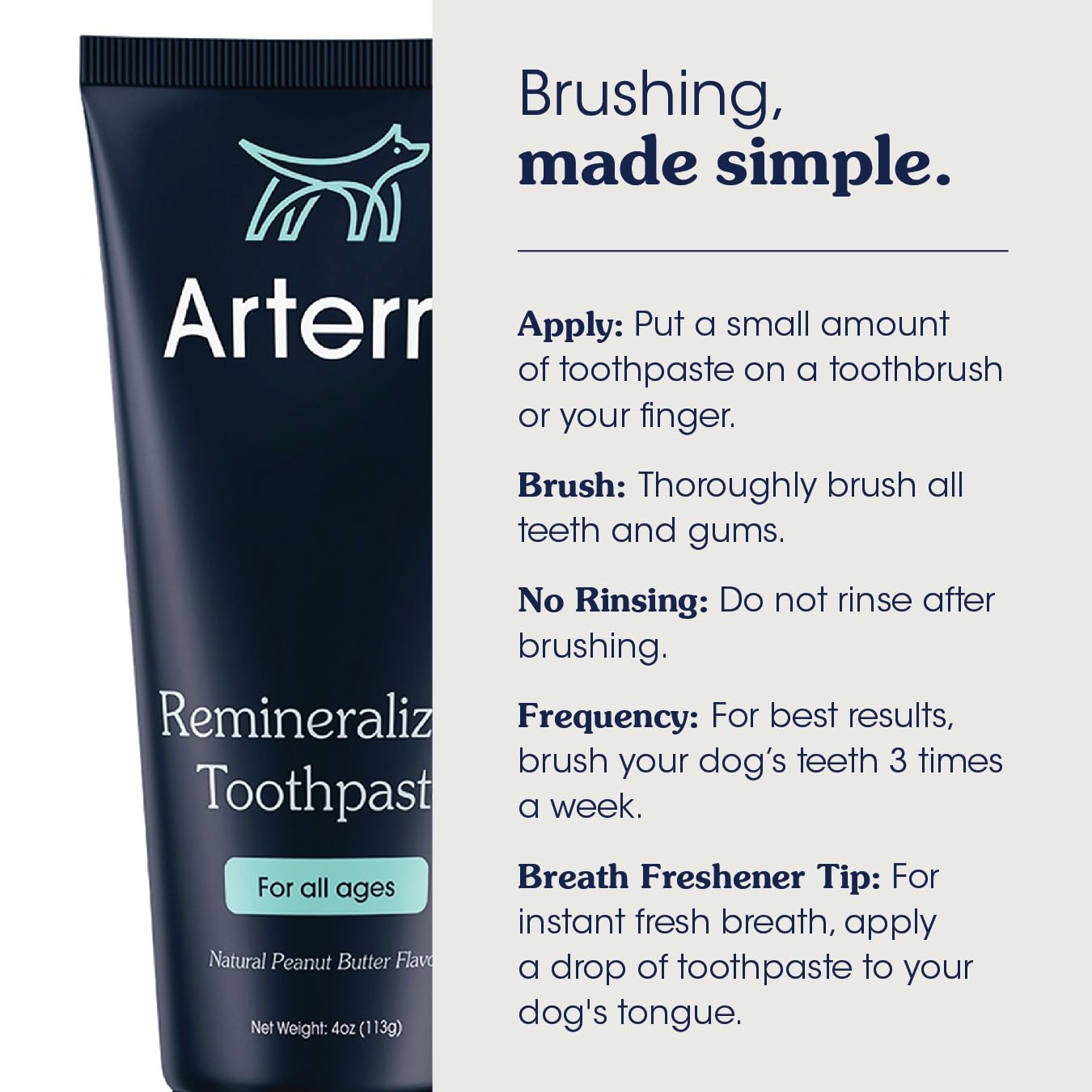 Remineralizing Dog Toothpaste β Vet-Grade, with Nano-Hydroxyapatite, Reverses Early-Stage Decay, Cleans Teeth, Reduces Tartar, Freshens Breath by Arterra Pet Science, Plant-Based, Natural Flavor, 4oz
