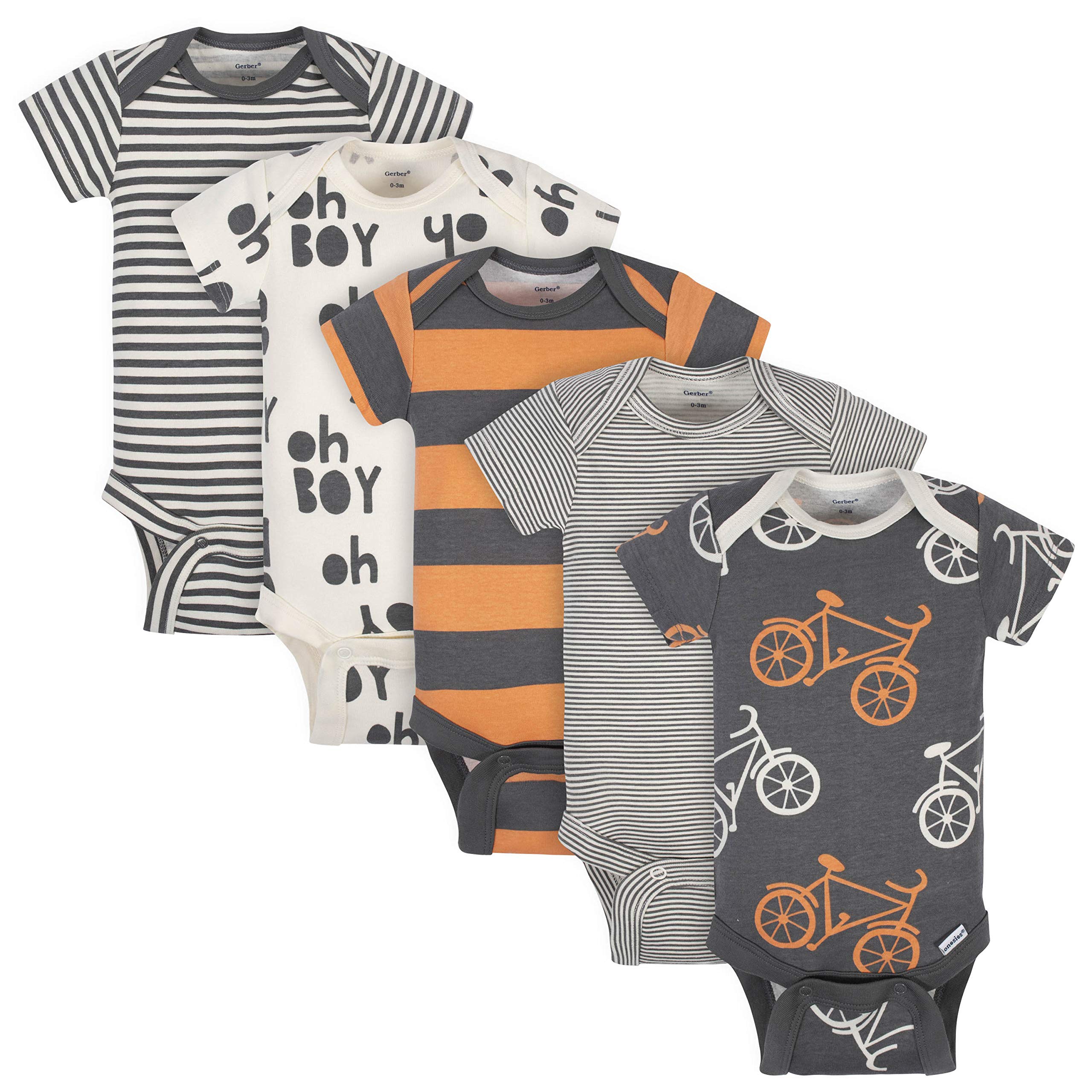 Gerber Baby Boys 5-Pack Short Sleeve Variety Onesies Bodysuits Grey/Ivory/Orange 0-3 Months