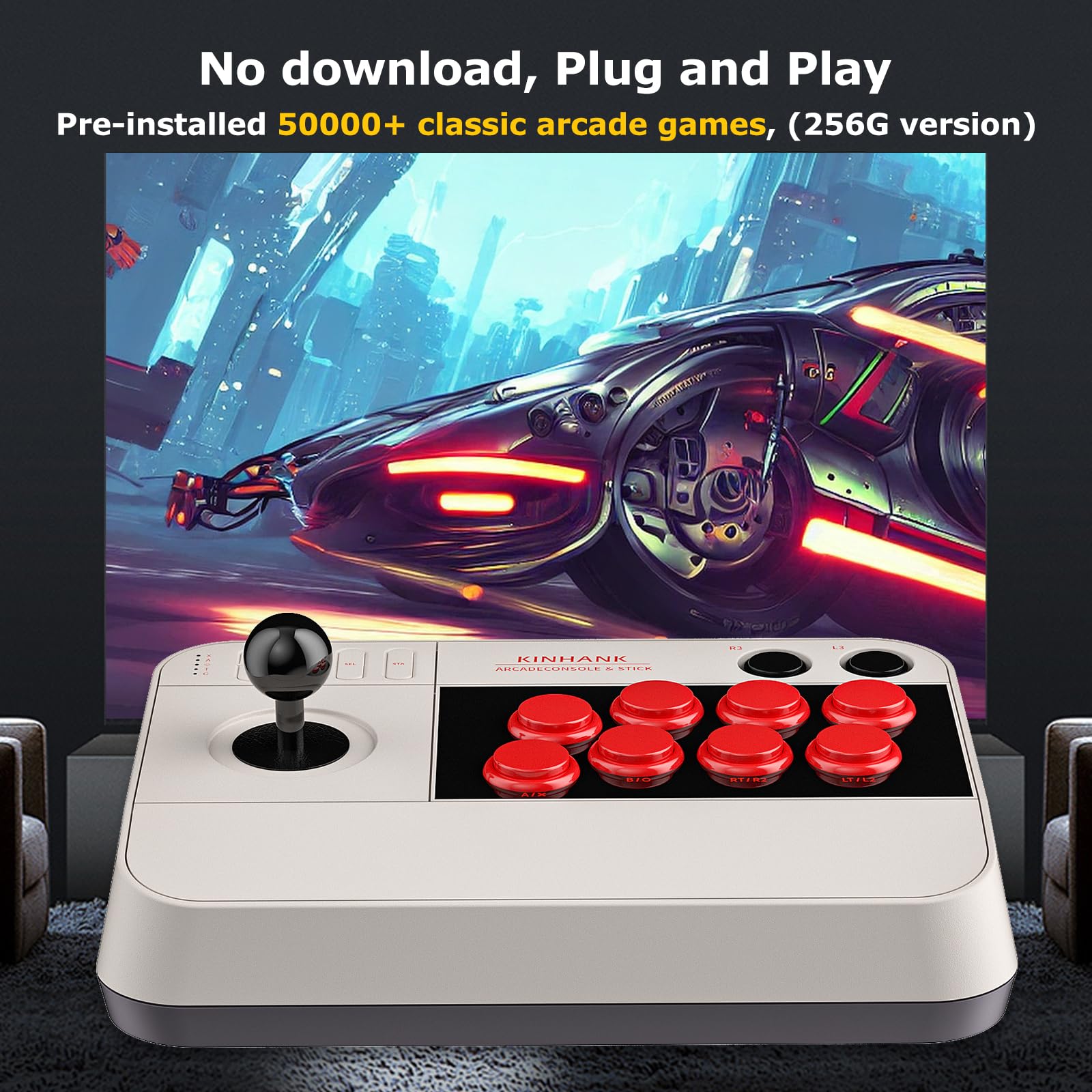 Kinhank Super Console Arcade Game Console & Stick, 50000+ Classic Arcade Games Pre-installed in 256G TF Card(Included),Compatible with PC host/Android phone etc, 4K HD-out,USB2.0,Grey
