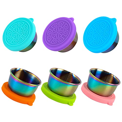 Salad Dressing Container to Go, 6x1.6 oz Reusable Small Containers with Lids, Rainbow Sauce Containers for Lunch Box, 18/8 Stainless Steel Condiment Cup, Easy Open, Leakproof Dipping Sauce Cups