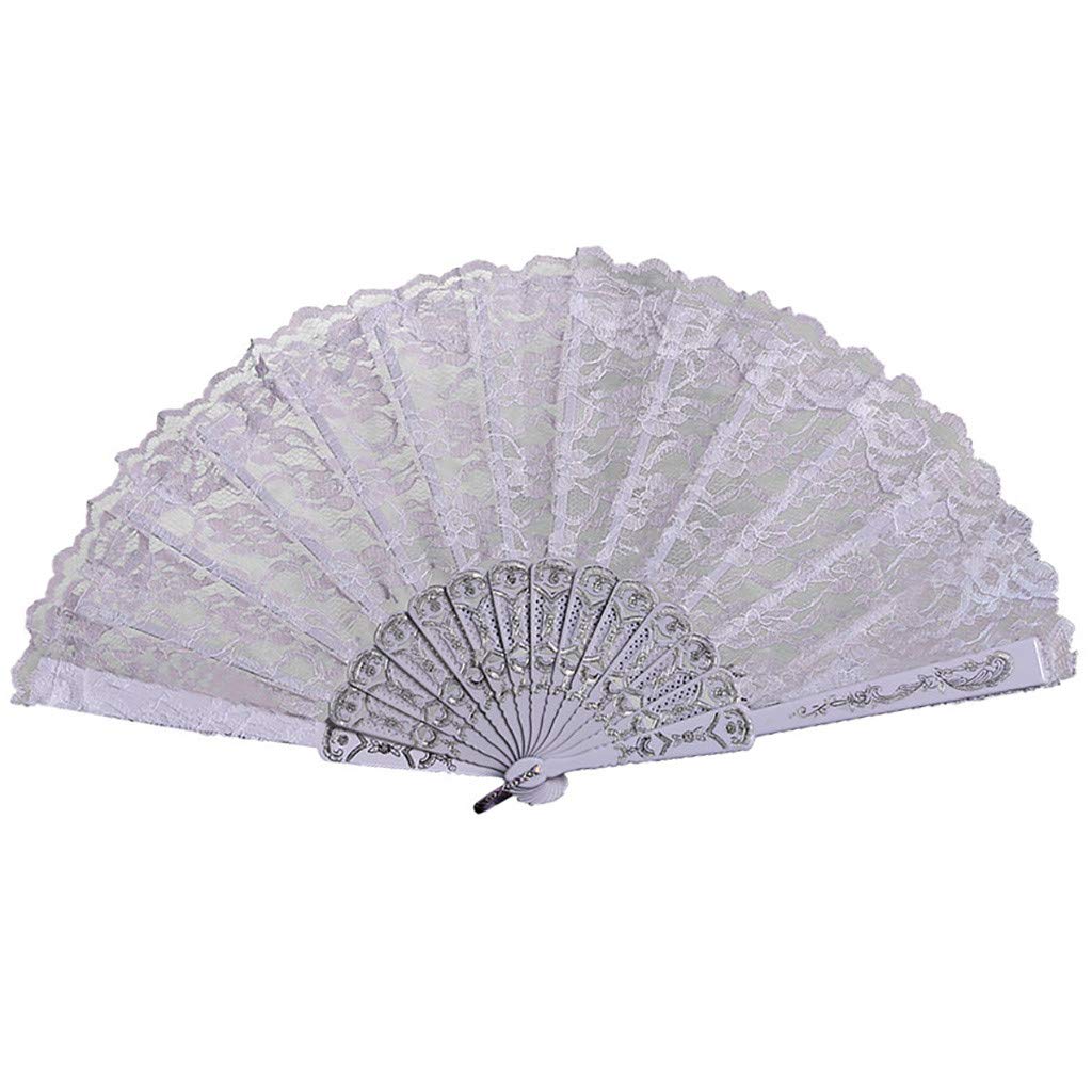 Hand Chinese Wedding Flower Lace Party Dance Style Folding Silk Held Fan Fans Fan for Bedroom Cooling Tall (White-0, One Size)