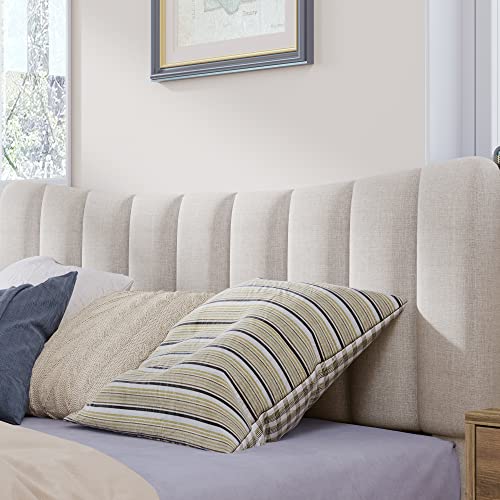Modern Queen Size Upholstered Bed Frame with Vertical Channel Tufted Headboard, Linen Bed Frame Queen Platform Bed for Bedroom Guest Room w/Solid Wood Slat Support, No Box Spring Needed (Cream, Queen)