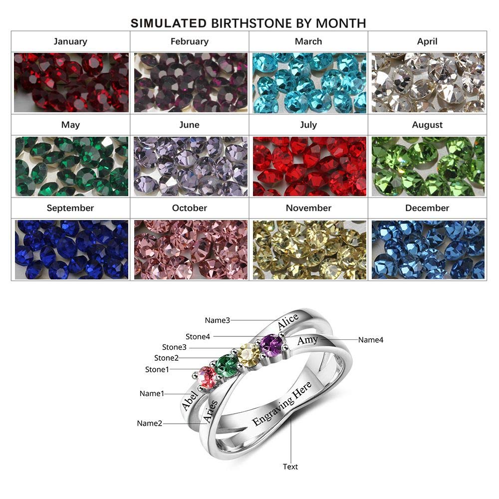 GLAMCARAT Personalized 925 sterling stacking Silver Ring mothers ring with 4 Four Birthstone Custom name Ring with 4 Stones Family Engraved Ring Personalized Jewelry for Women (7)