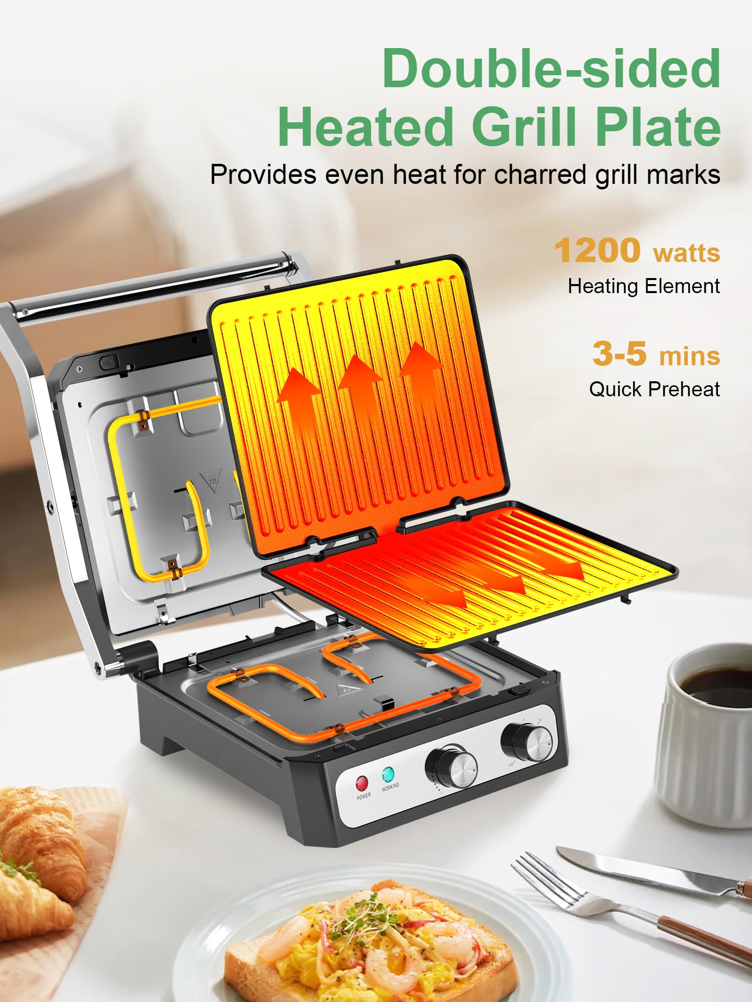 Panini Press Sandwich Maker - CACHOO Electric Indoor Grill with Temperature & Timer Control, 4-Slice Breakfast Sandwich Maker for Quesadillas, Burgers, Removable Plates with 180° Opening