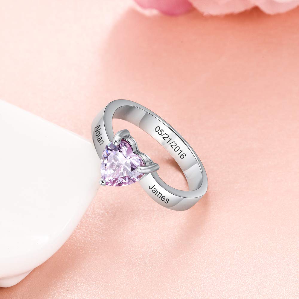 GLAMCARAT Personalized heart sterling silver ring mother’s jewelry with 1 birthstone heart shape engraved customized name birthstone ring with 1 stone