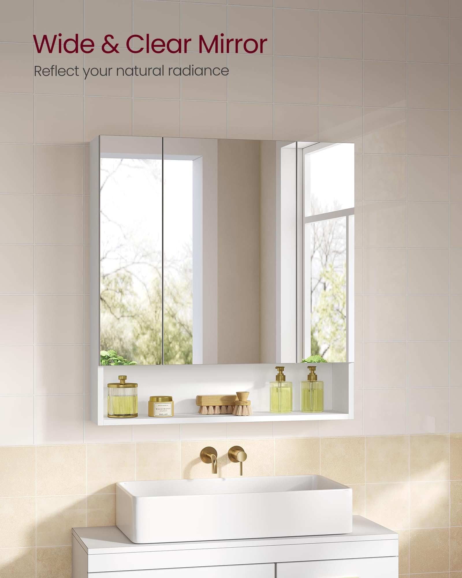 VASAGLE Medicine Cabinet Mirror, Bathroom Mirror with Storage, Bathroom Mirror Cabinet, Wall Mirror Cabinet, Open Compartment, Adjustable Shelves, 6.5 x 27.6 x 29.5 inches, Cloud White UBBK129W01